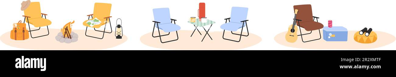 Outdoor rest on nature. Camping chairs, campfire, guitar and map. Place ...