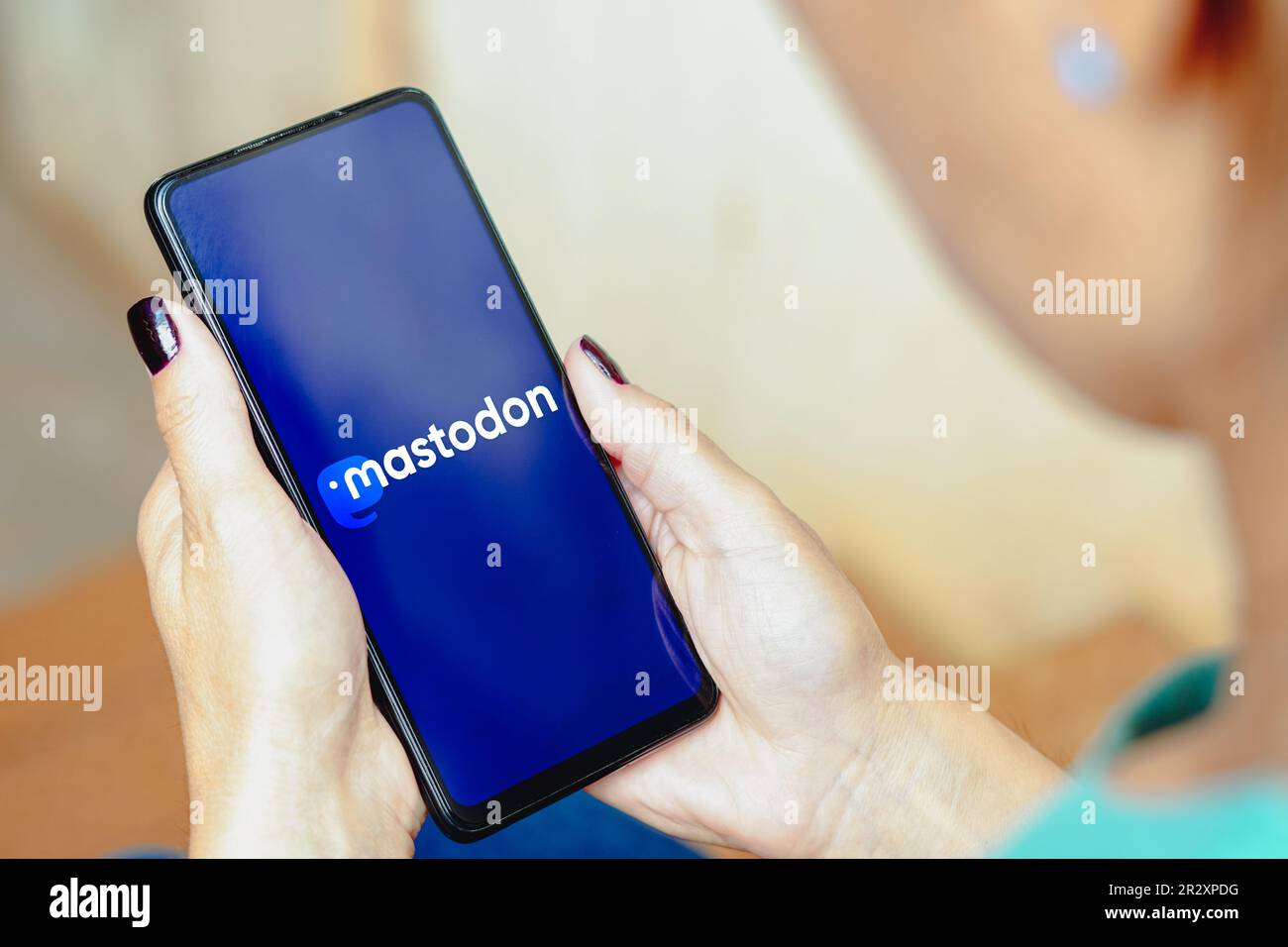 In this photo illustration, the Mastodon logo is displayed on a ...