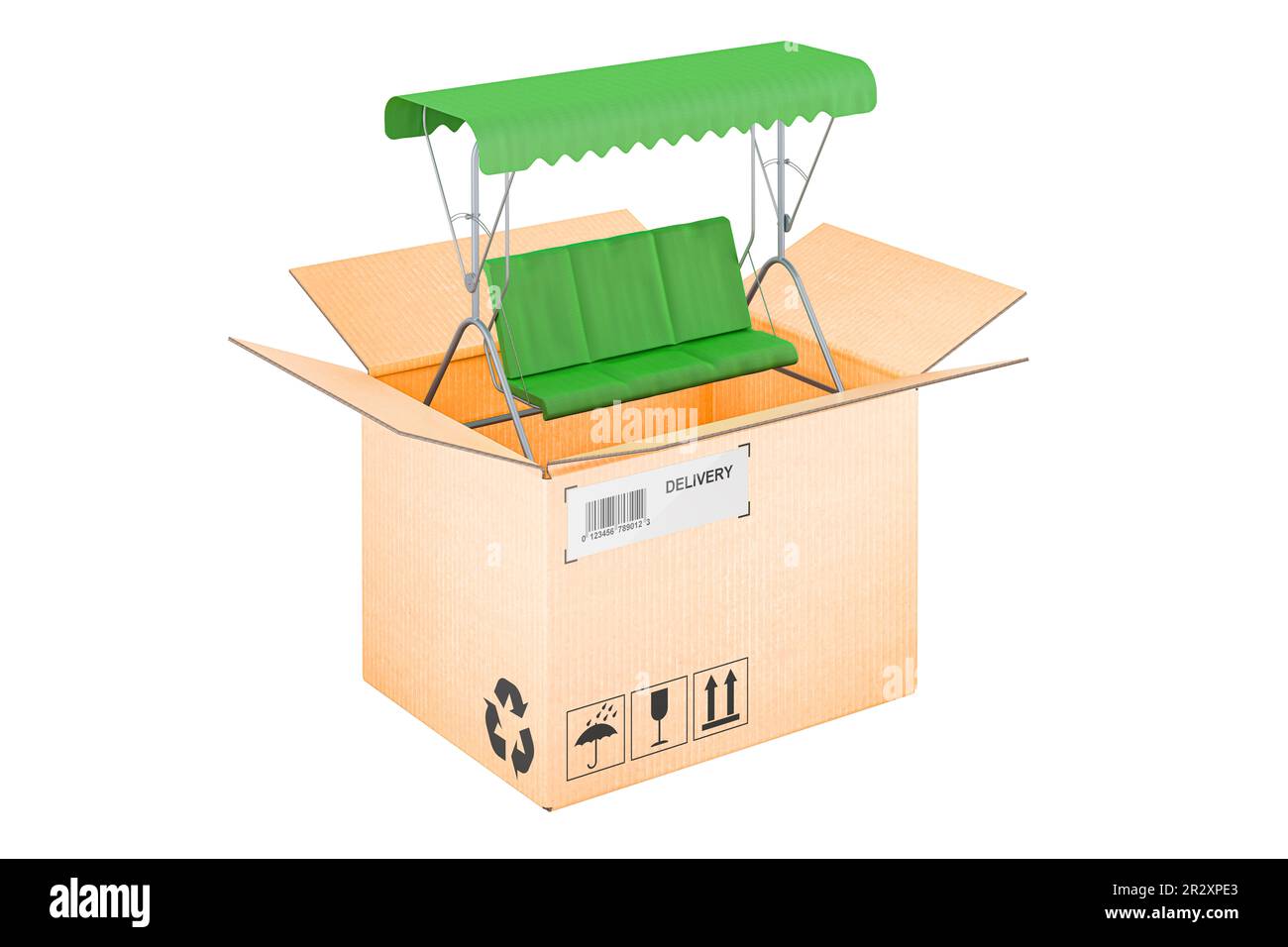 Garden swing inside cardboard box, delivery concept, 3D rendering ...