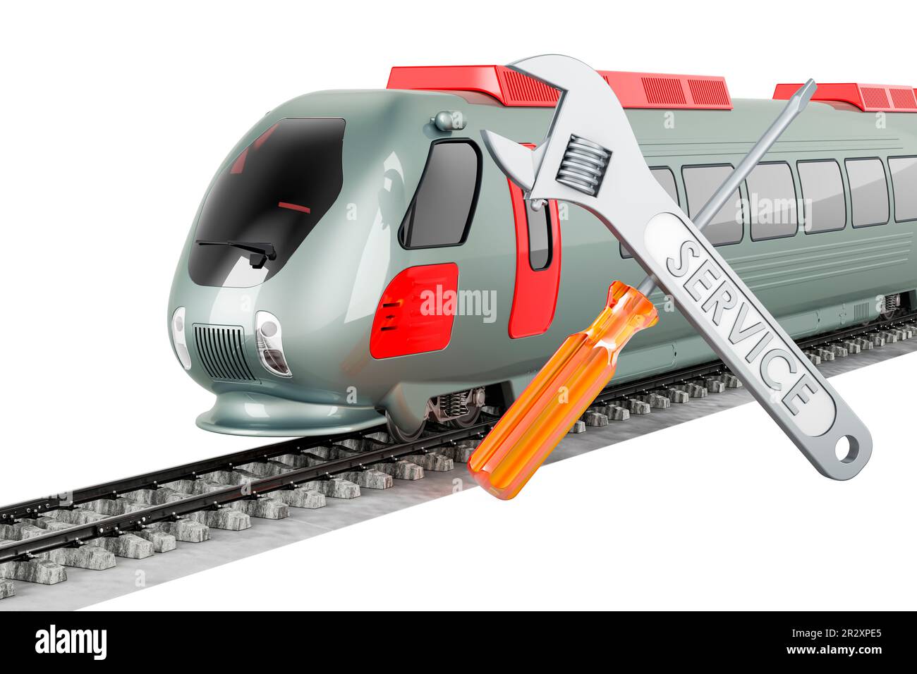 High speed train with screwdriver and wrench, 3D rendering isolated on ...