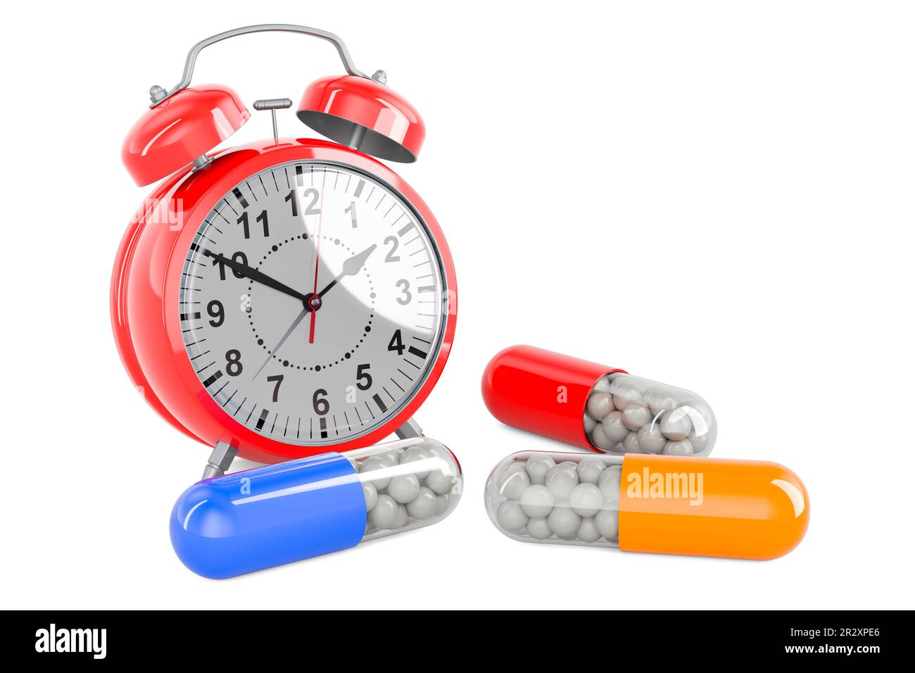 Medicament capsules with alarm clock, 3D rendering isolated on white ...