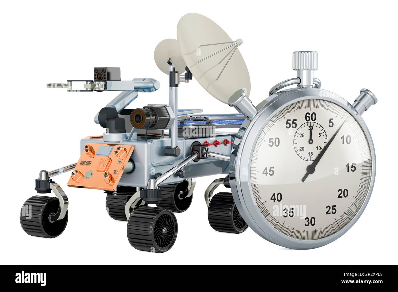 Planetary rover with stopwatch, 3D rendering isolated on white ...