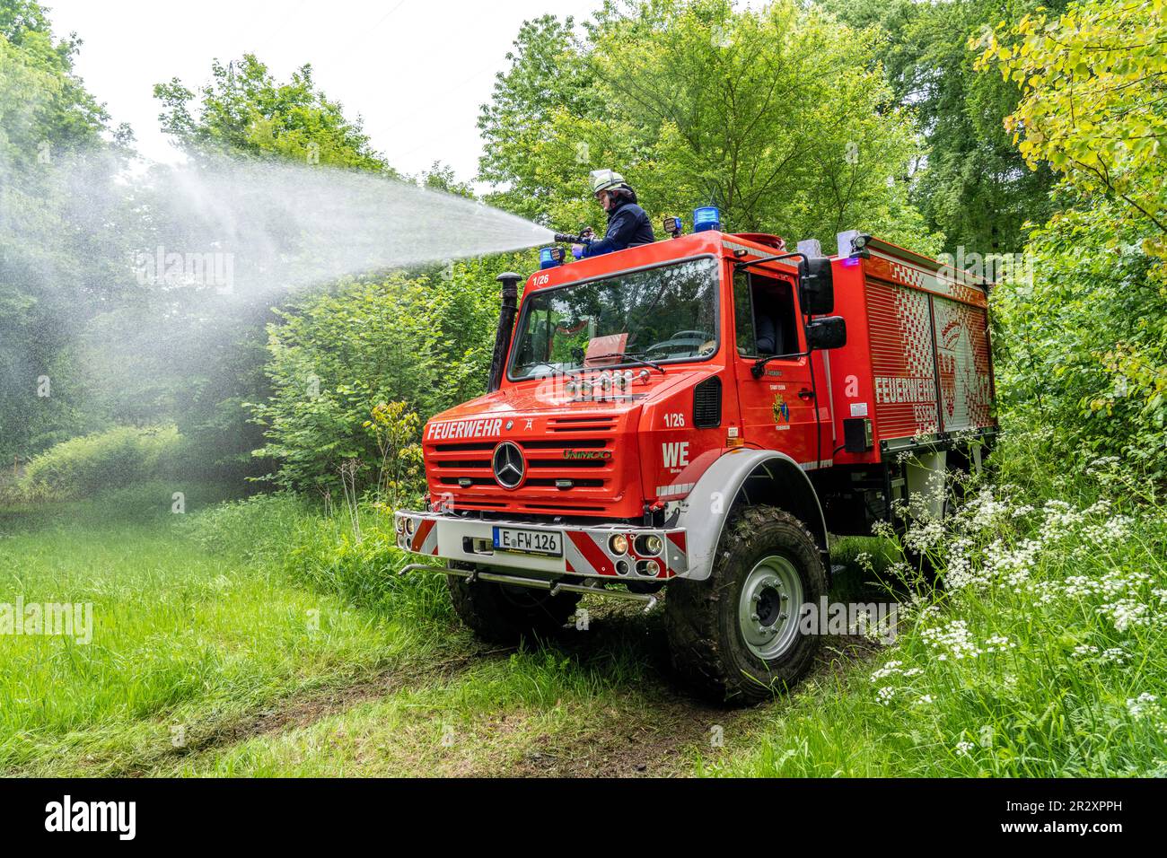 Forest fire fighting exercise of the Essen fire brigade, water supply ...