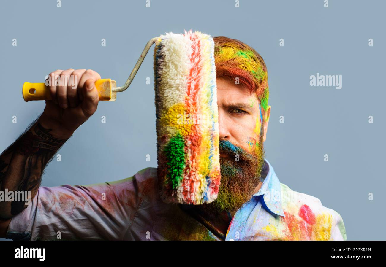 Painter man. Repairman or handyman with paint roller. Professional ...