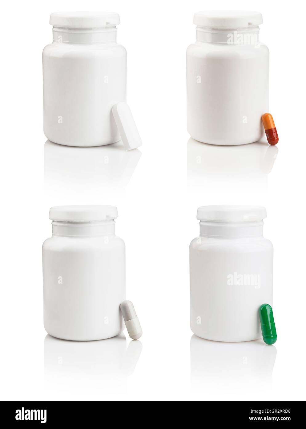 Set of plastic pills bottles and capsules isolated on white background ...