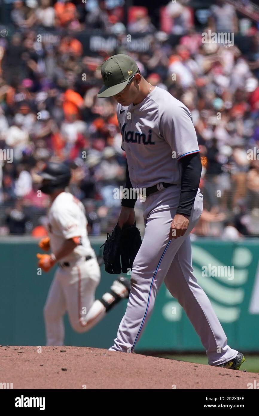 Miami Marlins pitcher Jesus Luzardo, foreground, reacts after San ...