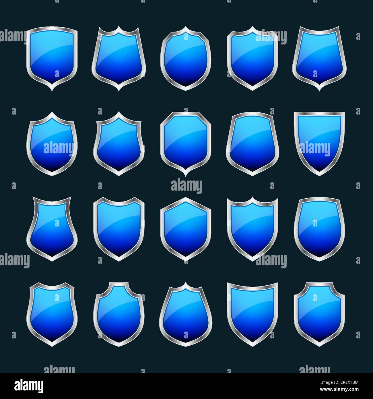 Set of various vintage 3d shield icons. Black heraldic shields. Blue ...