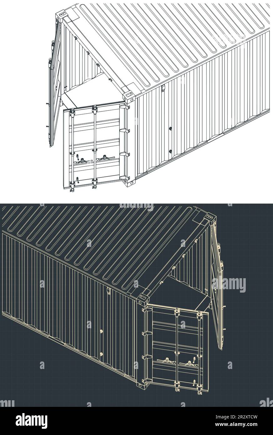 Stylized vector illustration of isometric blueprints of cargo container ...