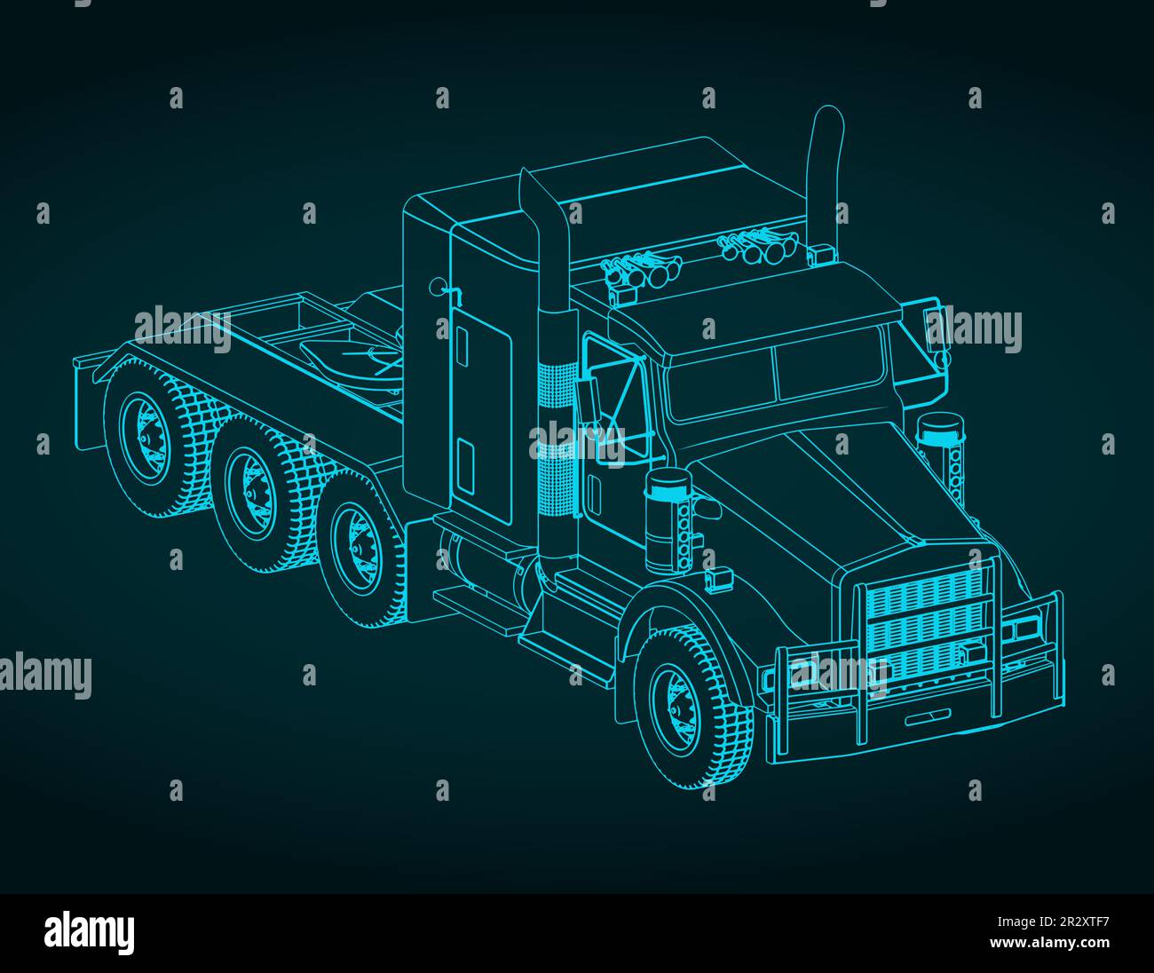 Stylized vector illustration of isometric blueprint of truck tractor ...
