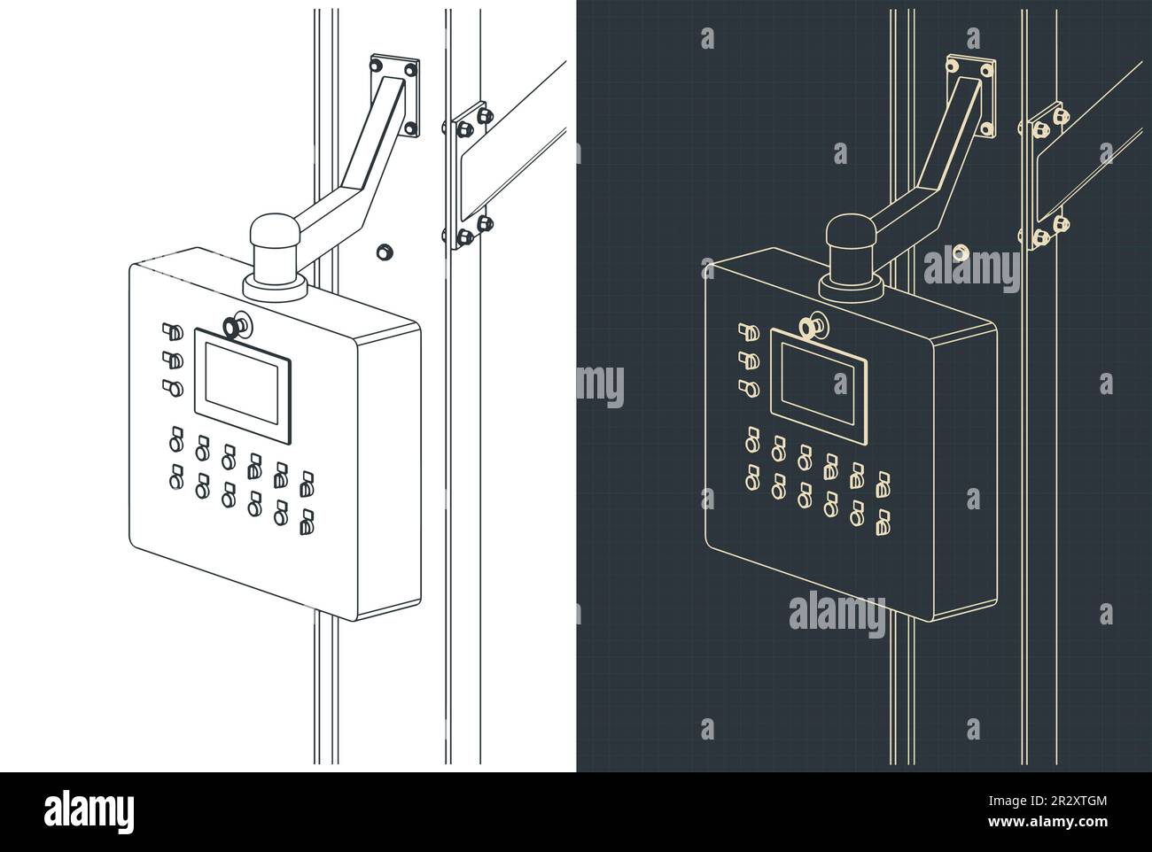 Stylized vector illustrations of blueprints of machine control panel ...