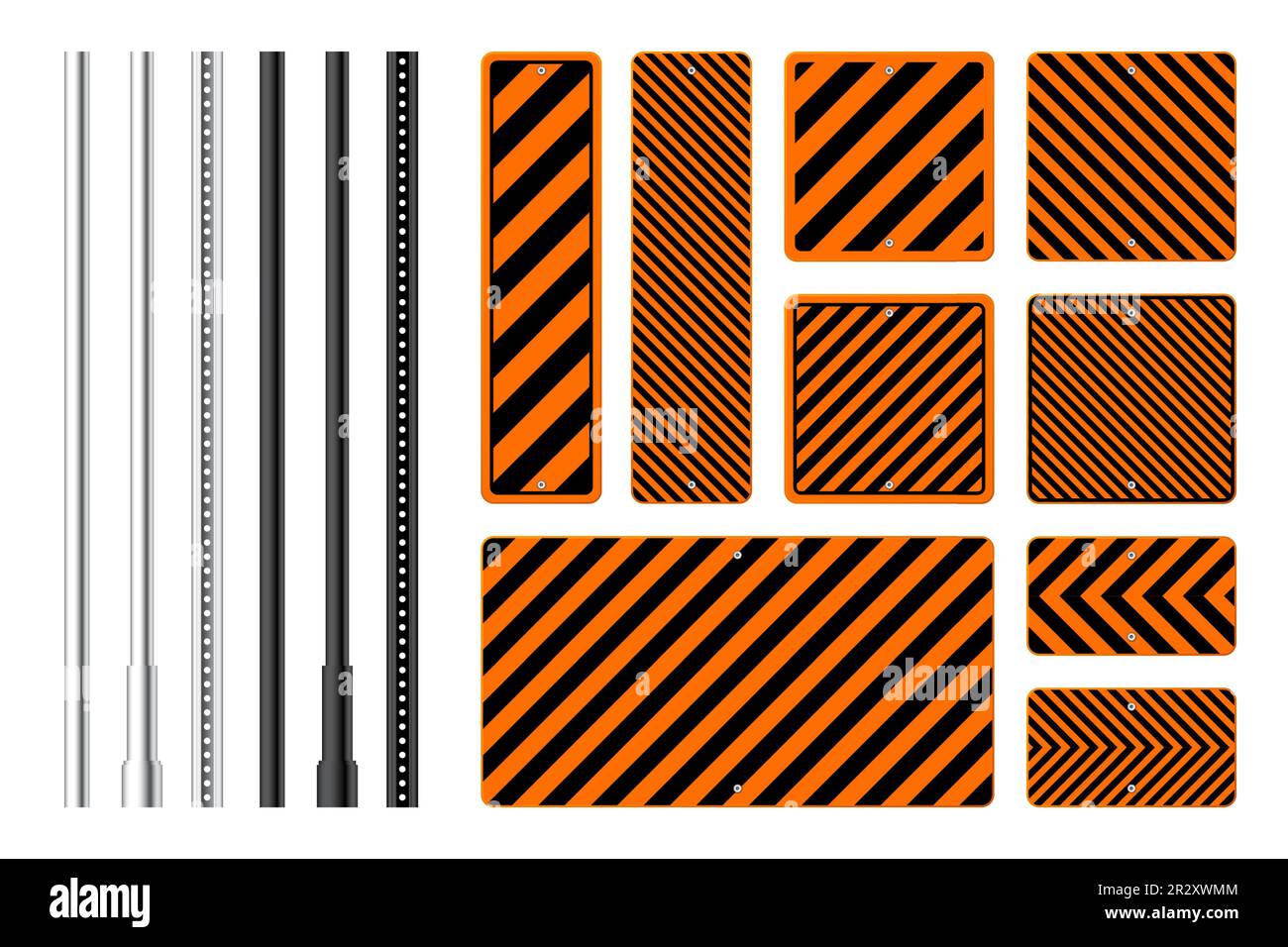 Warning, danger signs, attention banners with metal poles. Orange ...