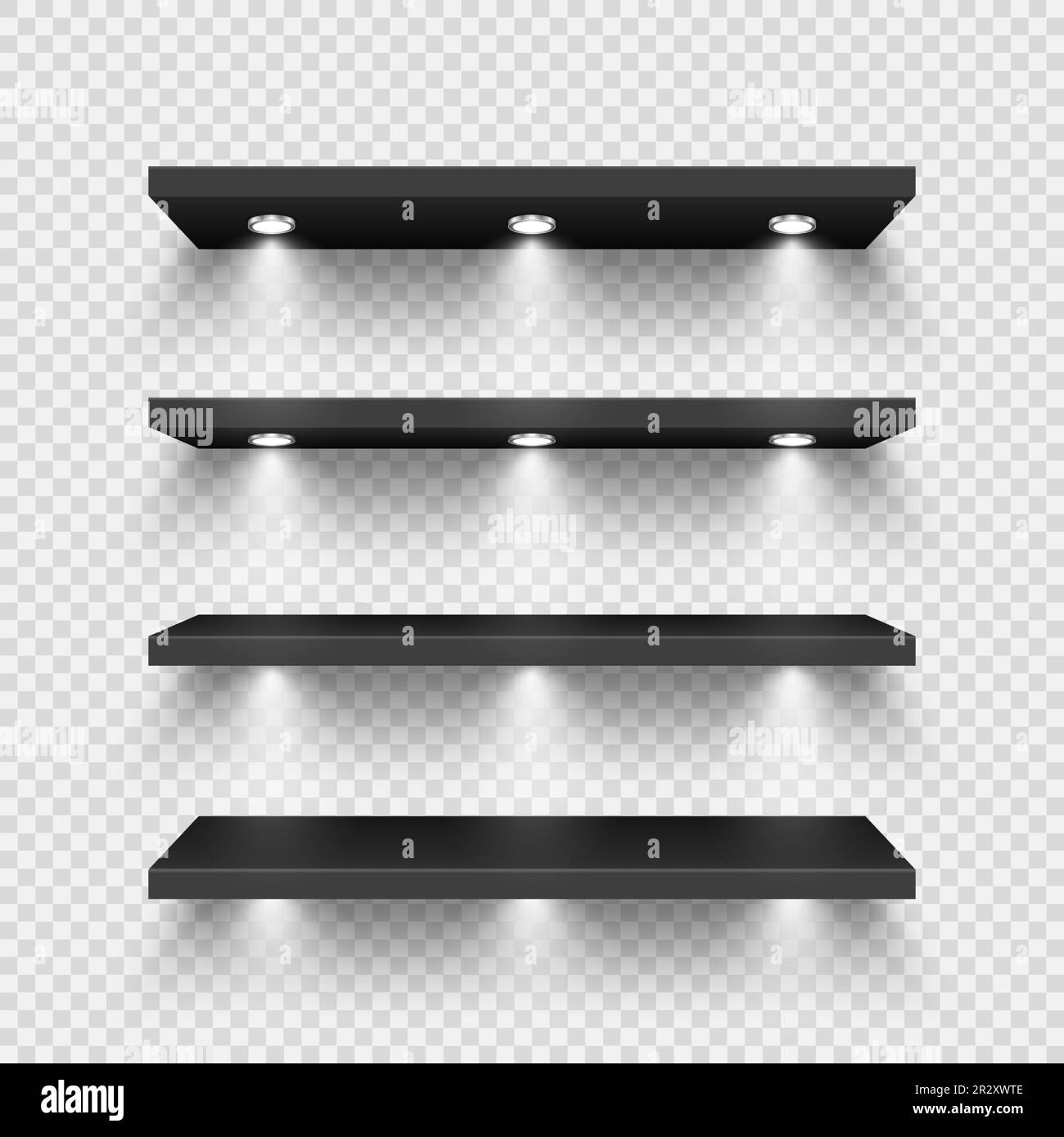 Realistic black store shelves with lighting, spotlights. Empty product ...