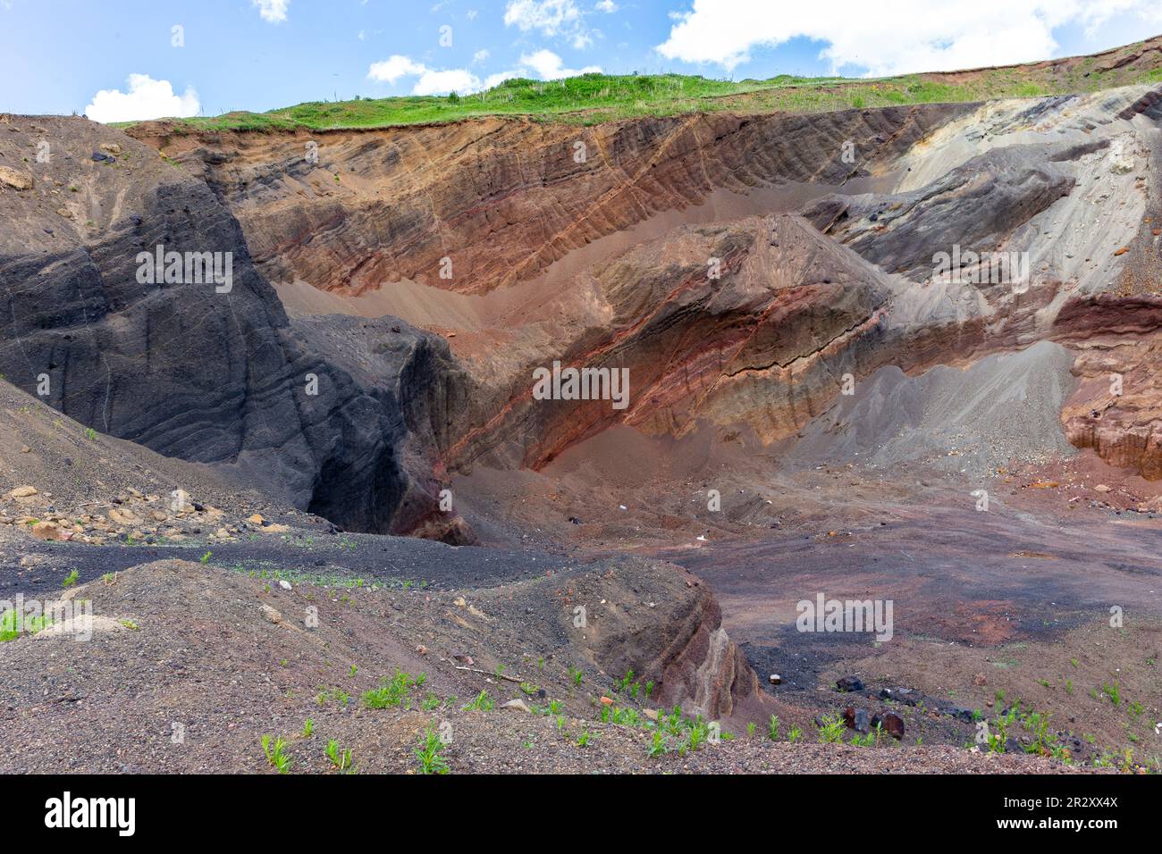 Quarry, mine with red clay soil by M-20 road to Tskhratskaro Pass in ...