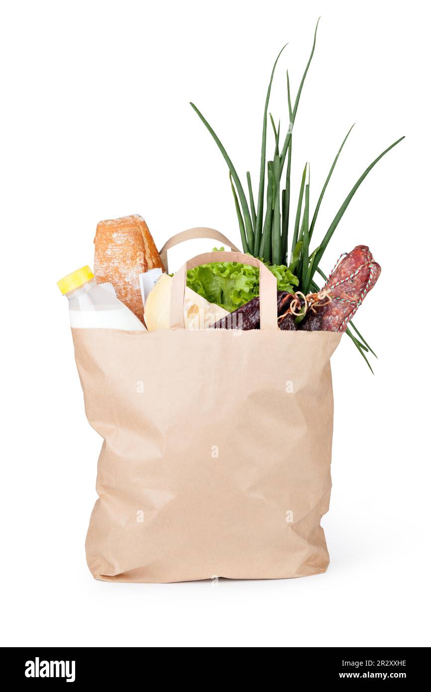 Paper bag with food on a white background Stock Photo - Alamy