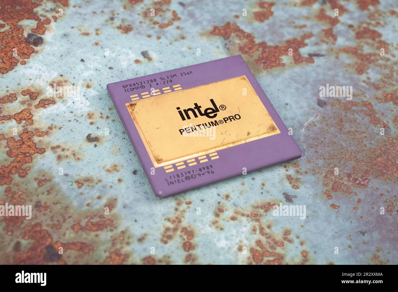 KYIV, UKRAINE - April 22, 2020. Intel Pentium Pro processor on rusty ...