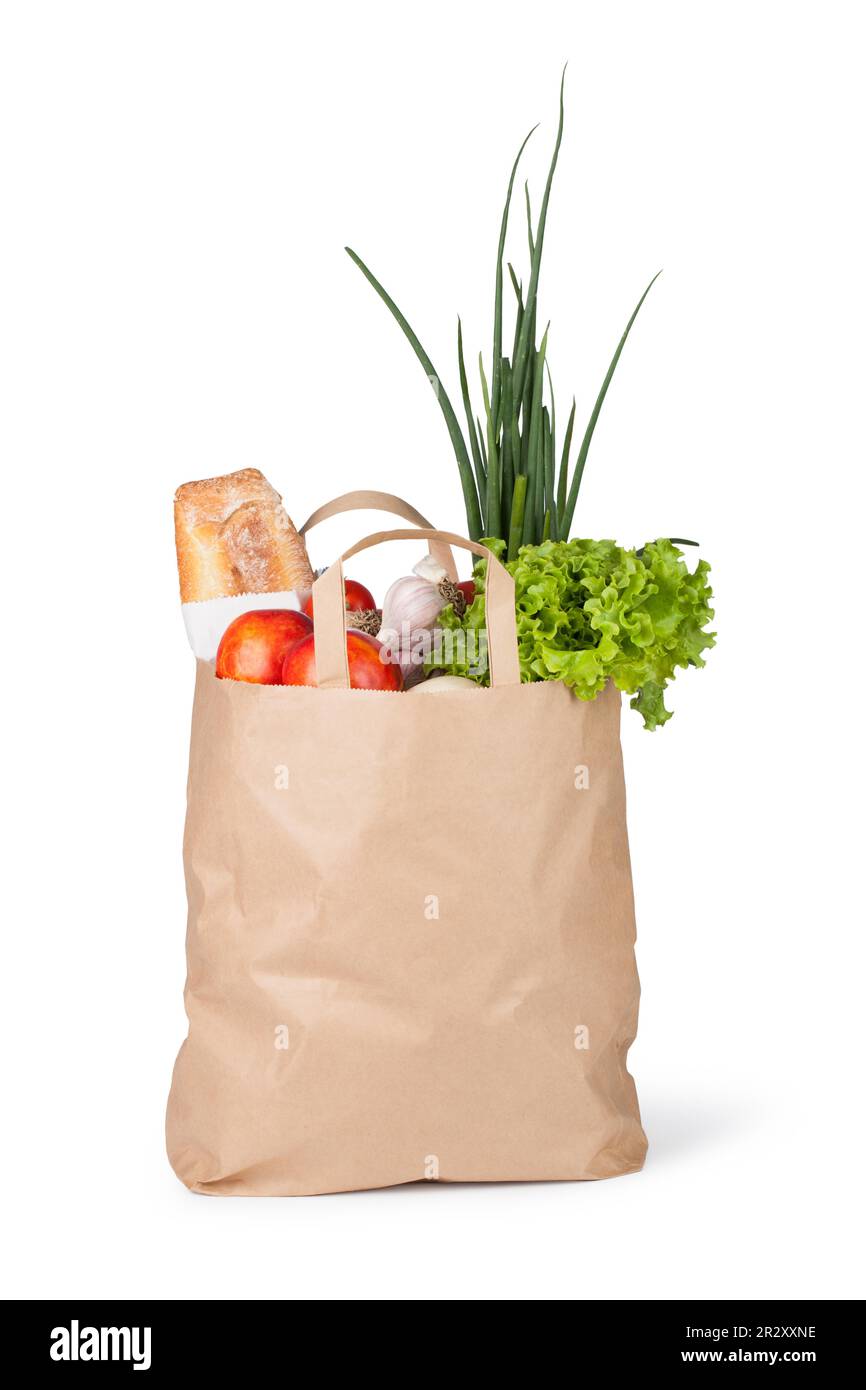 Paper bag with food on a white background Stock Photo - Alamy