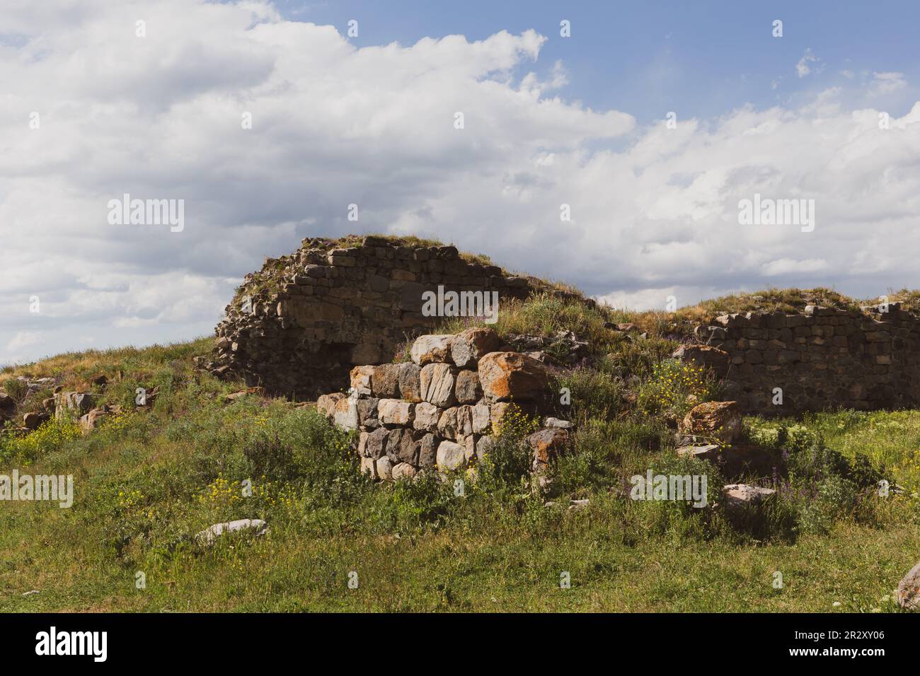 Akhalkalaki castle, ruins of an medieval stone walls, overgrown with ...