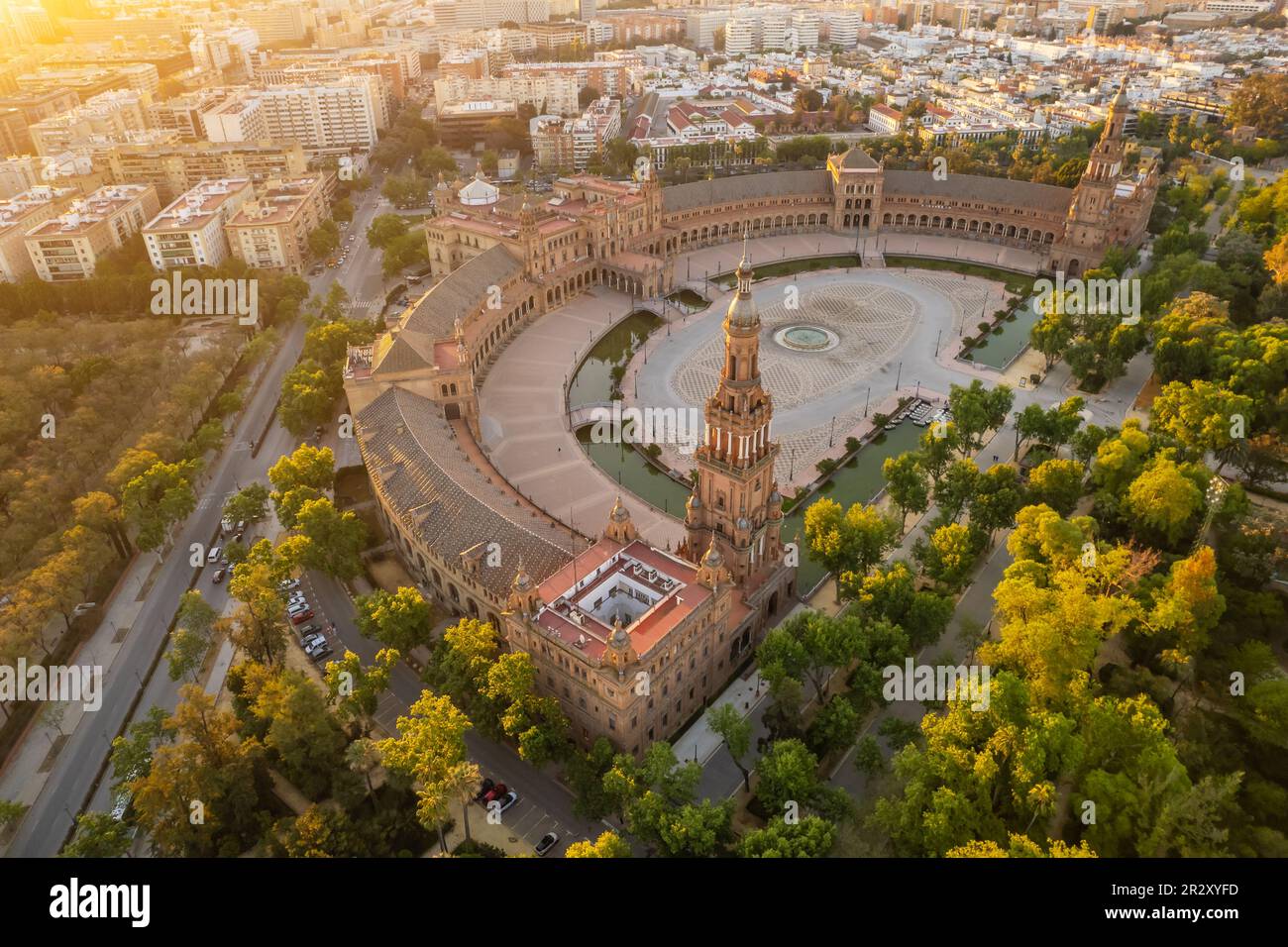 Plaza de Espana at sunrise in Seville, Spain. Aerial view Stock Photo ...