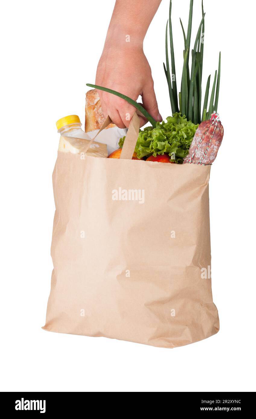 Paper bag with food on a white background Stock Photo - Alamy