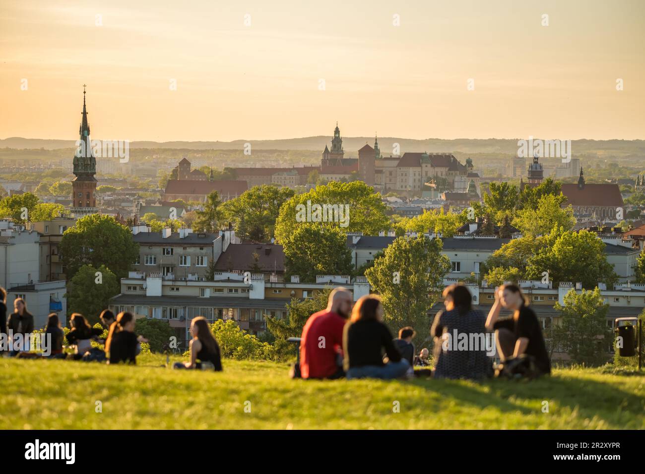 Krakus Mound with sunset view of Krakow old town, Poland Stock Photo ...