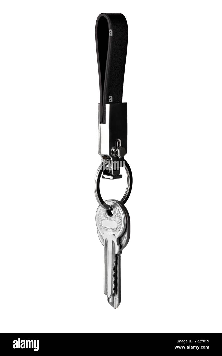 key attached to a leather keychain on a white Stock Photo - Alamy
