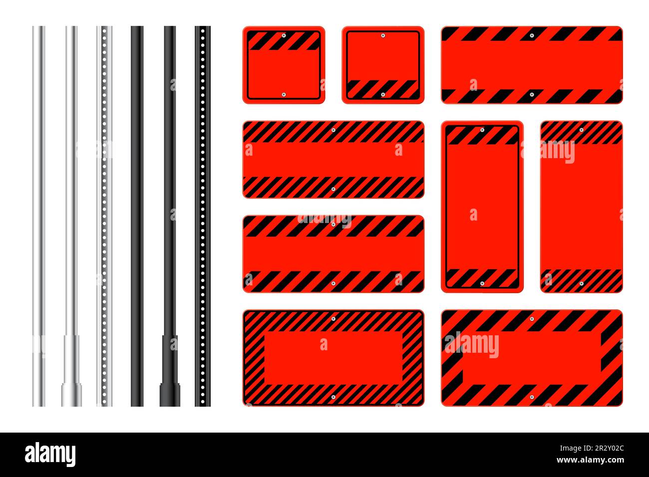 Warning, danger signs, attention banners with metal poles. Blank red ...
