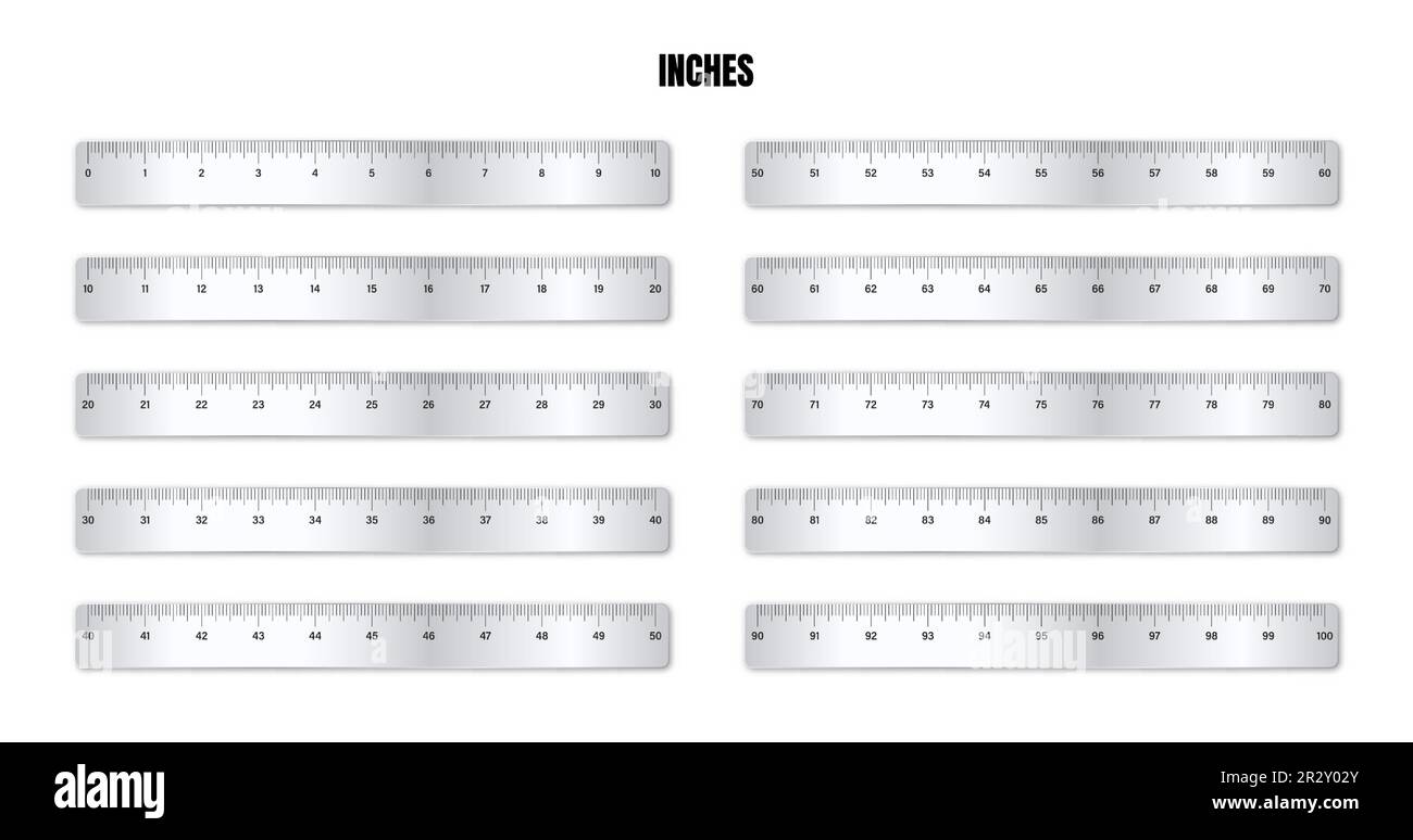 Realistic various shiny metal rulers with measurement scale and ...