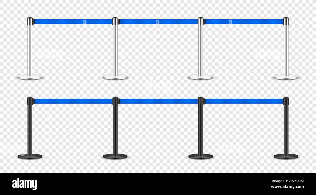 Realistic blue retractable belt stanchion. Crowd control barrier posts ...
