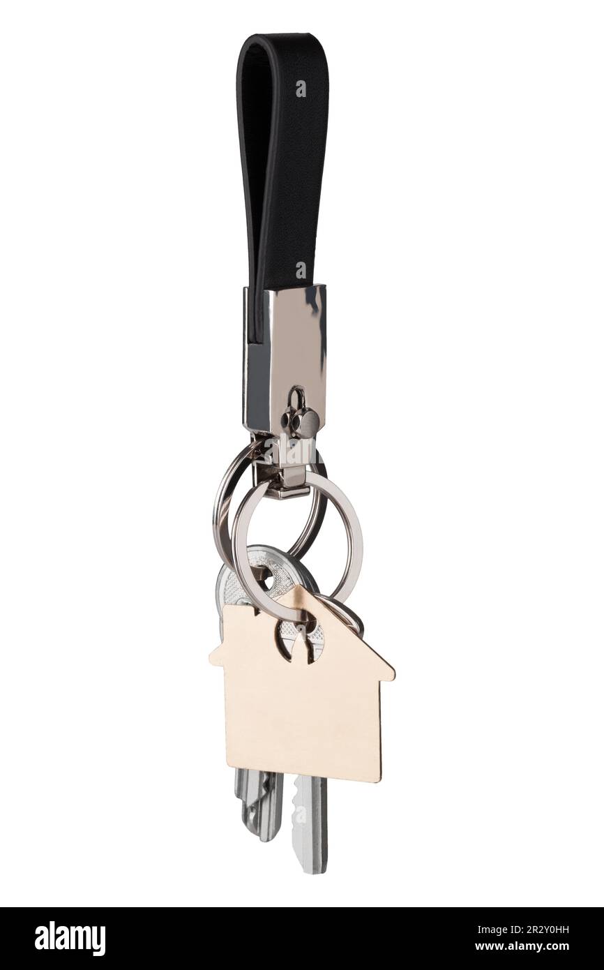 key attached to a leather keychain on a white Stock Photo - Alamy