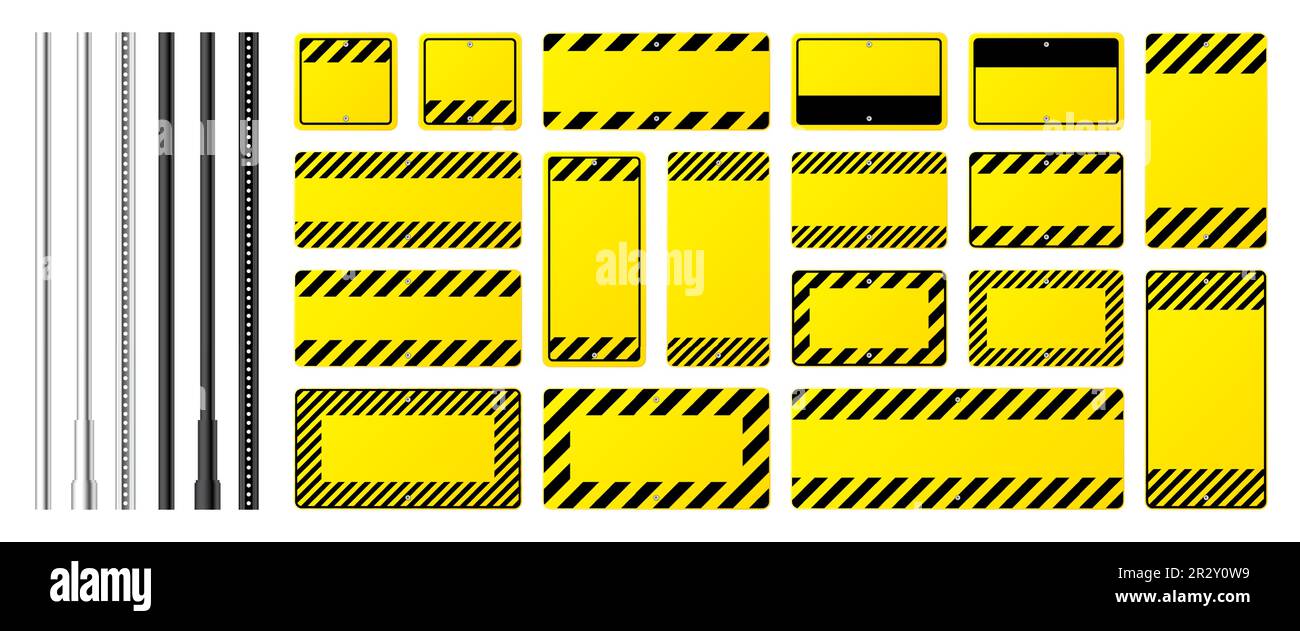 Warning, danger signs, attention banners with metal poles. Blank yellow ...