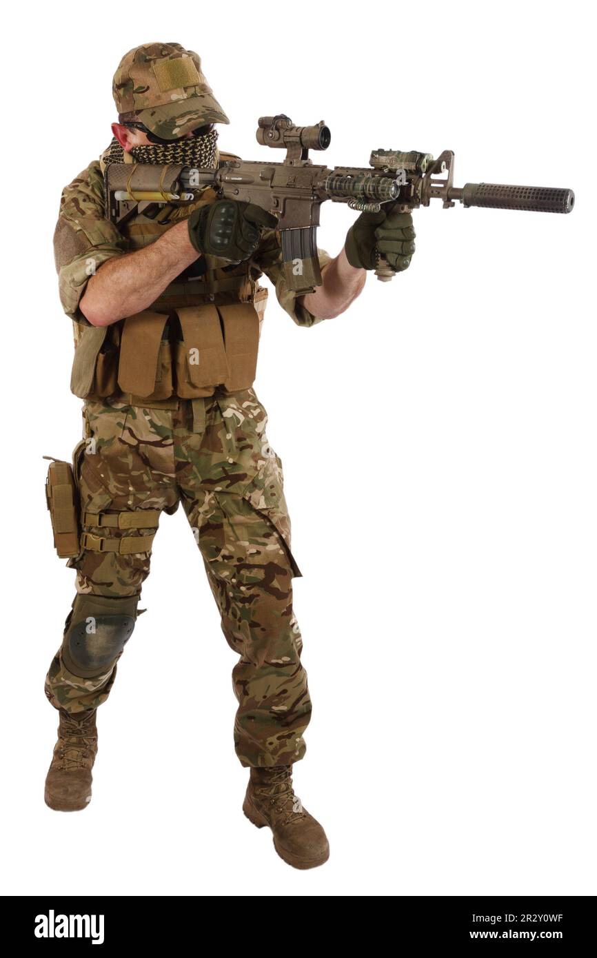 special force operator fire carbine M4 isolated on white Stock Photo ...
