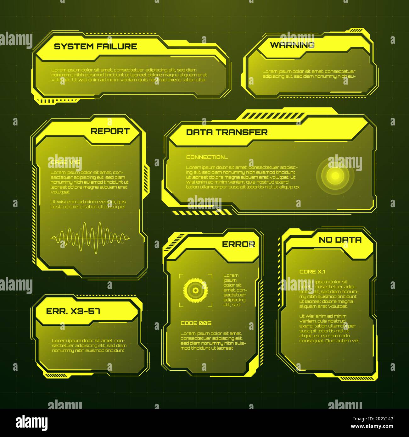 Yellow futuristic HUD, UI elements. Sci-fi user interface text boxes ...