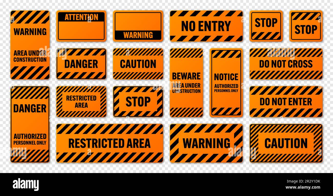 Various black and orange warning signs with diagonal lines. Attention ...