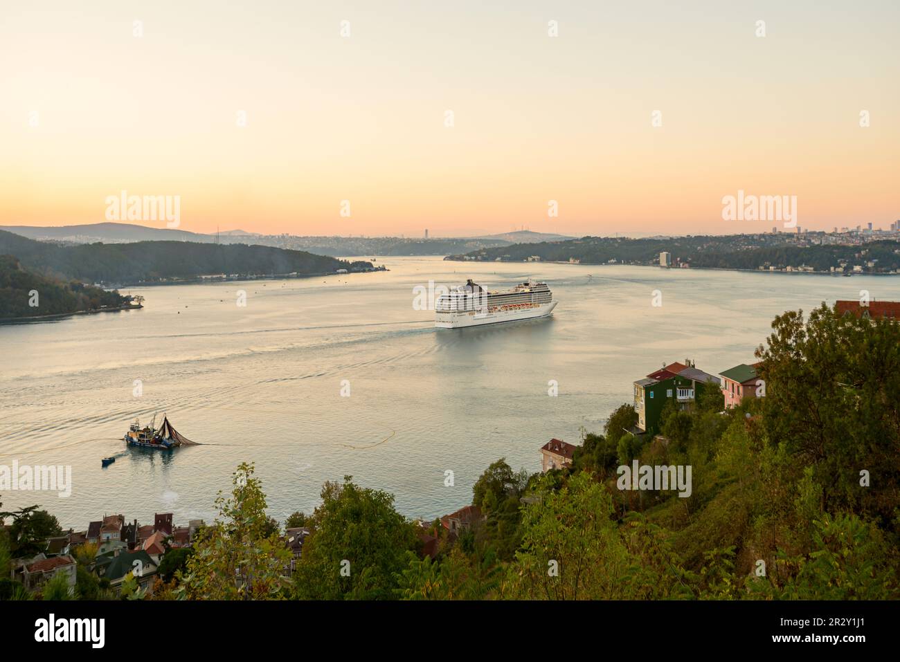 Voyage of a passenger ship through the Bosphorus channel in the ...