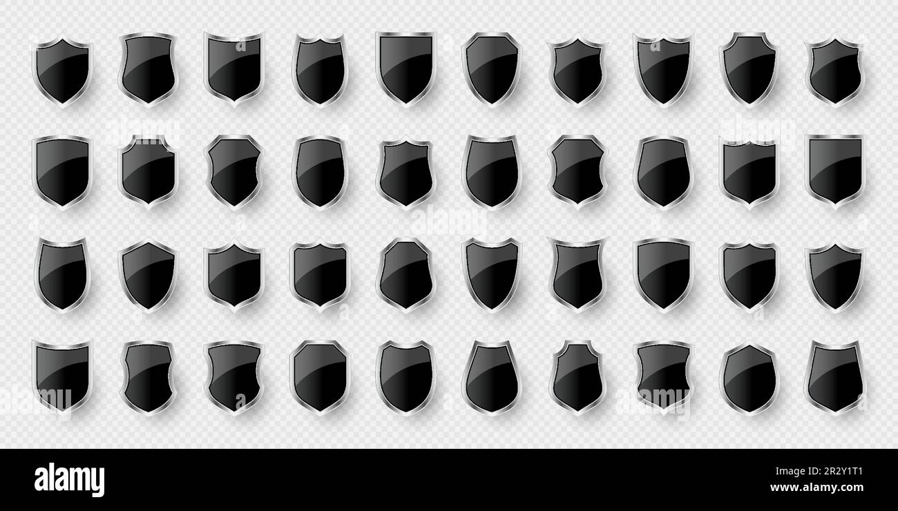 Set of various vintage 3d shield icons. Black heraldic shields ...