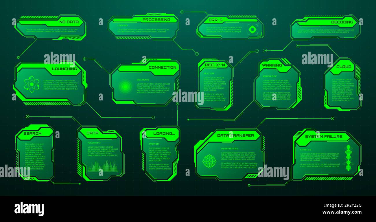 Green futuristic HUD, UI elements. Sci-fi user interface text boxes ...