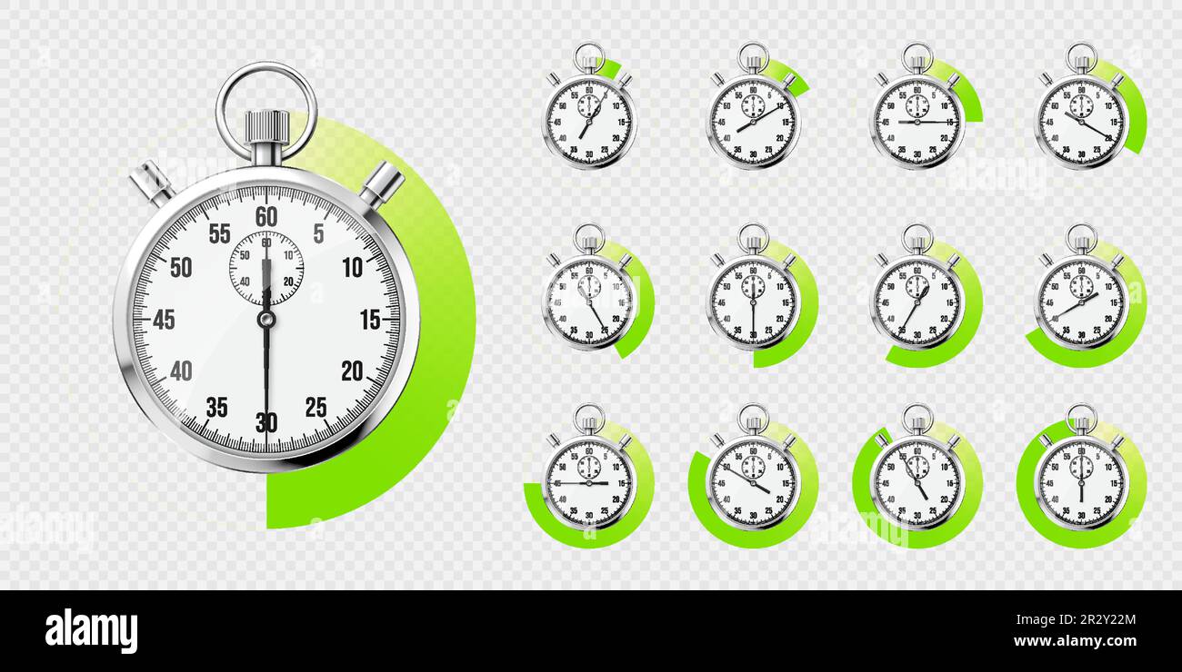 Realistic classic stopwatch. Shiny metal chronometer, time counter with ...