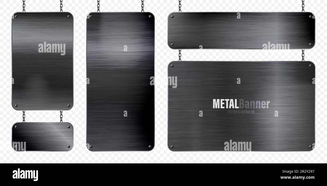 Metal banners hanging on a chain. Realistic shiny steel plate with ...