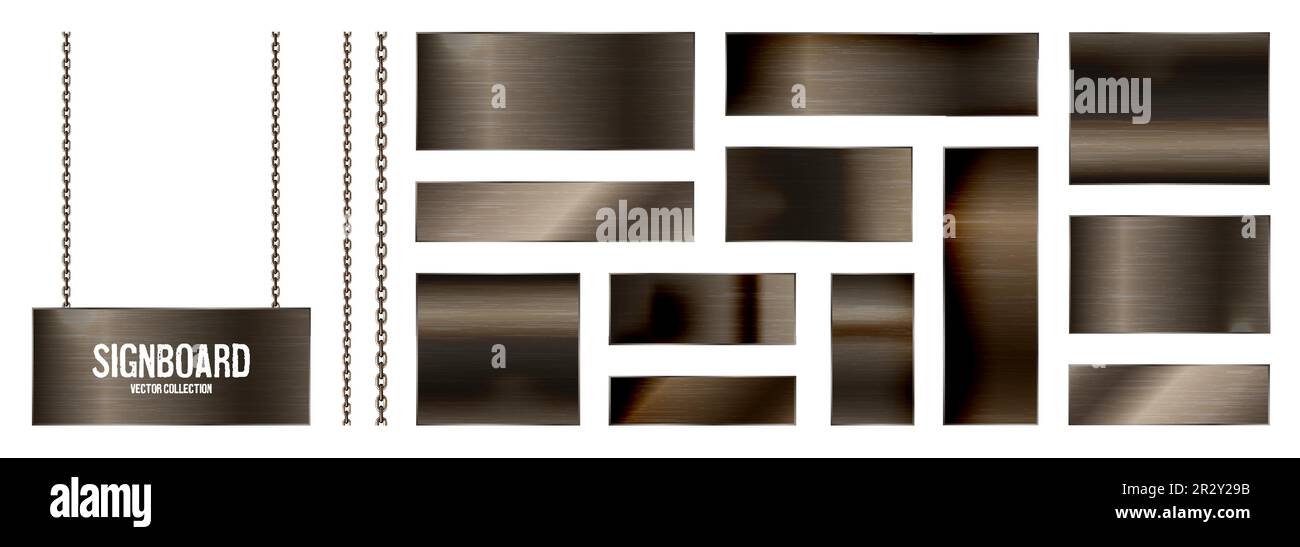 Metal banners hanging on a chain. Realistic shiny steel plate with ...