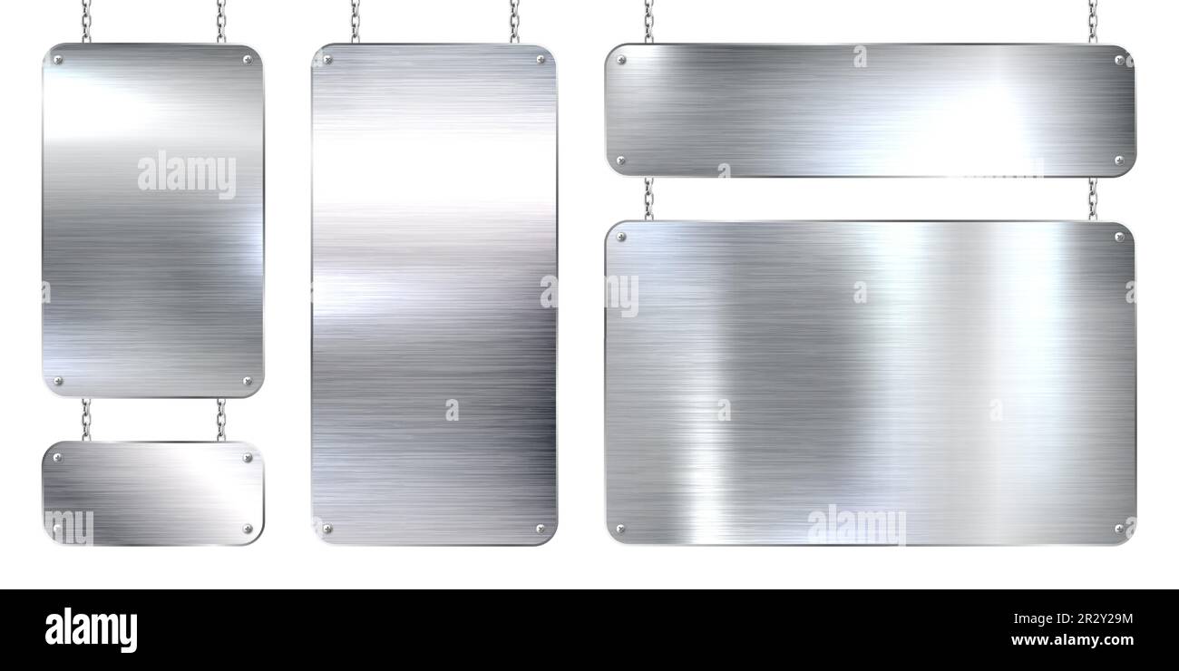 Metal banners hanging on a chain. Realistic shiny steel plate with ...