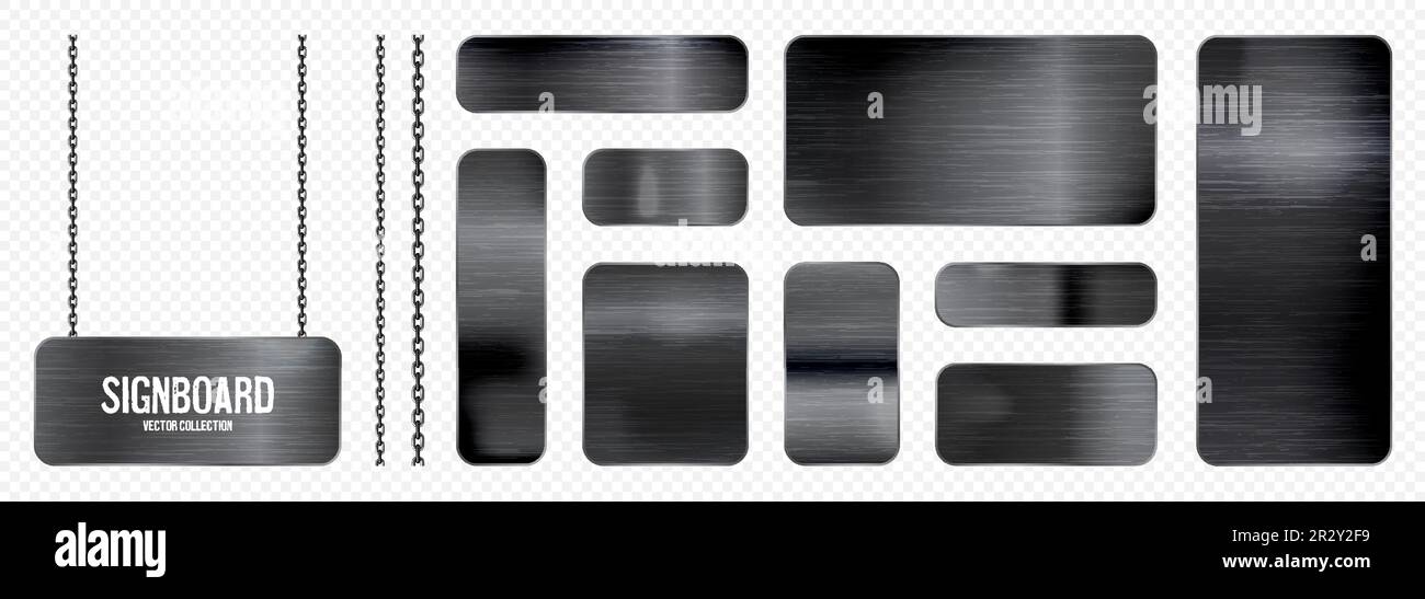 Metal banners hanging on a chain. Realistic shiny steel plate with ...
