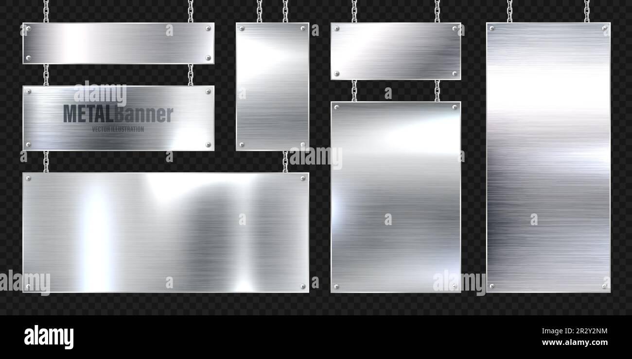 Metal banners hanging on a chain. Realistic shiny steel plate with ...