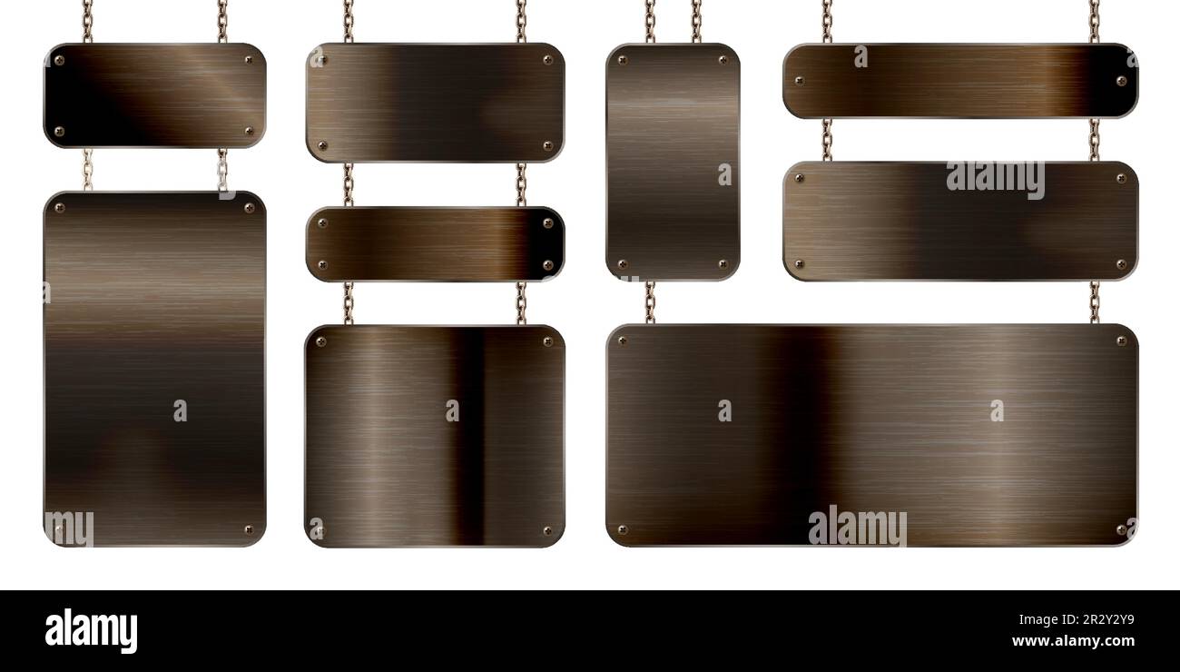 Metal banners hanging on a chain. Realistic shiny steel plate with ...