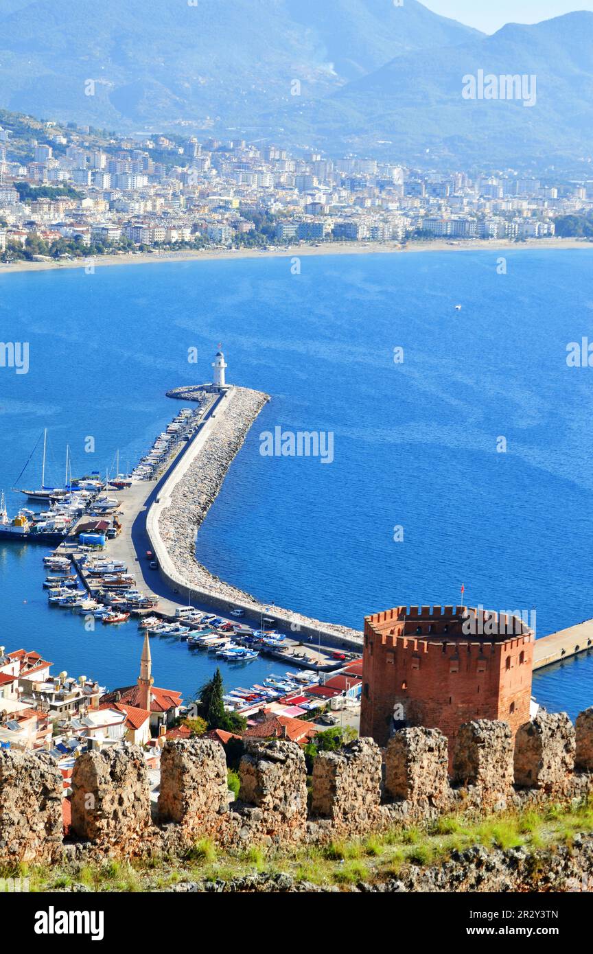 View of Alanya harbor form Alanya peninsula. Turkish Riviera Stock ...
