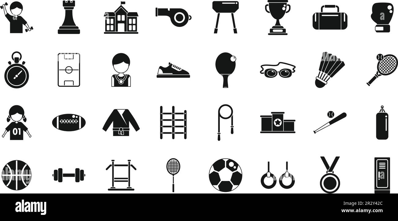Sports school icons set simple vector. Baby girl. People camp Stock ...