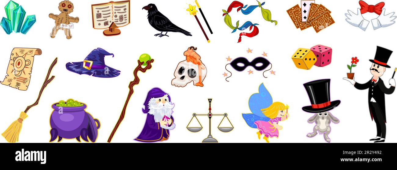 Wizard tools icons set cartoon vector. Magic wand. Stick show Stock ...
