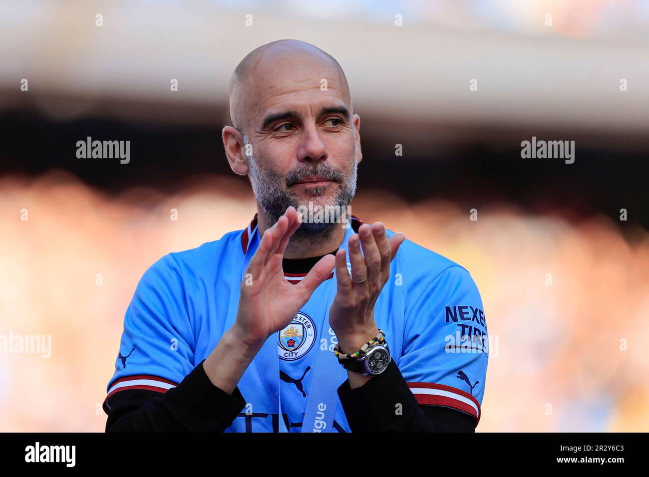 Pep Guardiola the Manchester City manager on the presentation podium ...