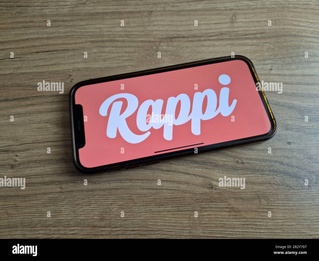 Konskie, Poland - May 20, 2023: Rappi Colombian delivery company logo ...