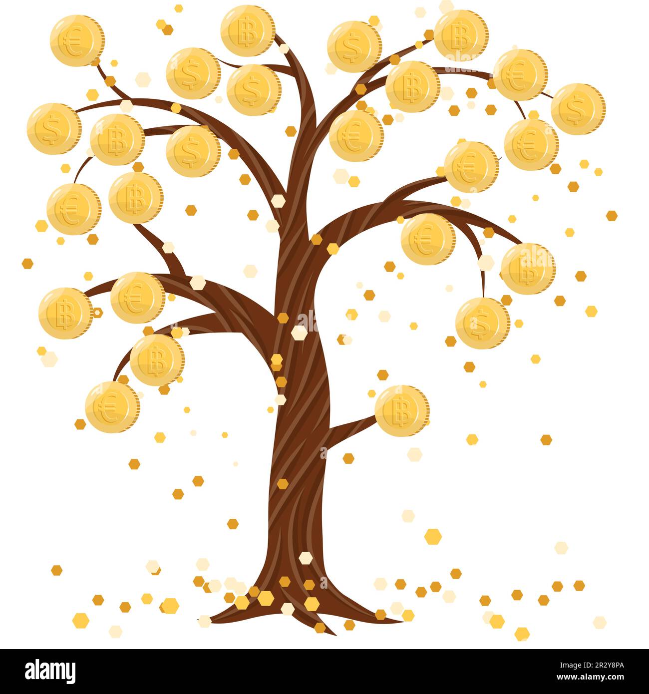 Isolated tree with gold coins dollars, euros, bitcoins, - instead of ...