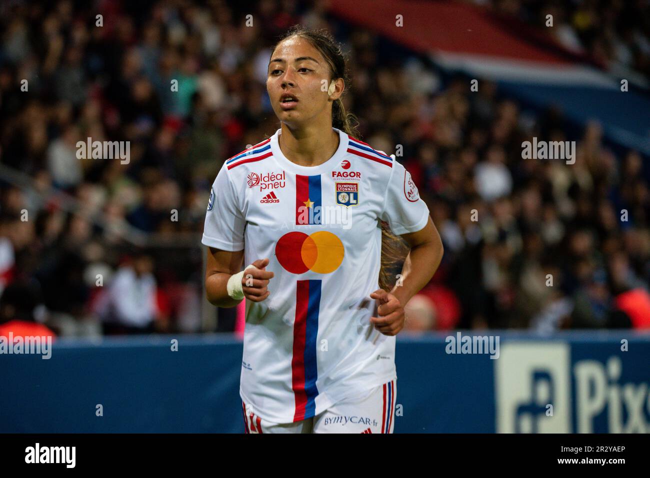 Paris, France. 21st May, 2023. Selma Bacha of Olympique Lyonnais reacts ...